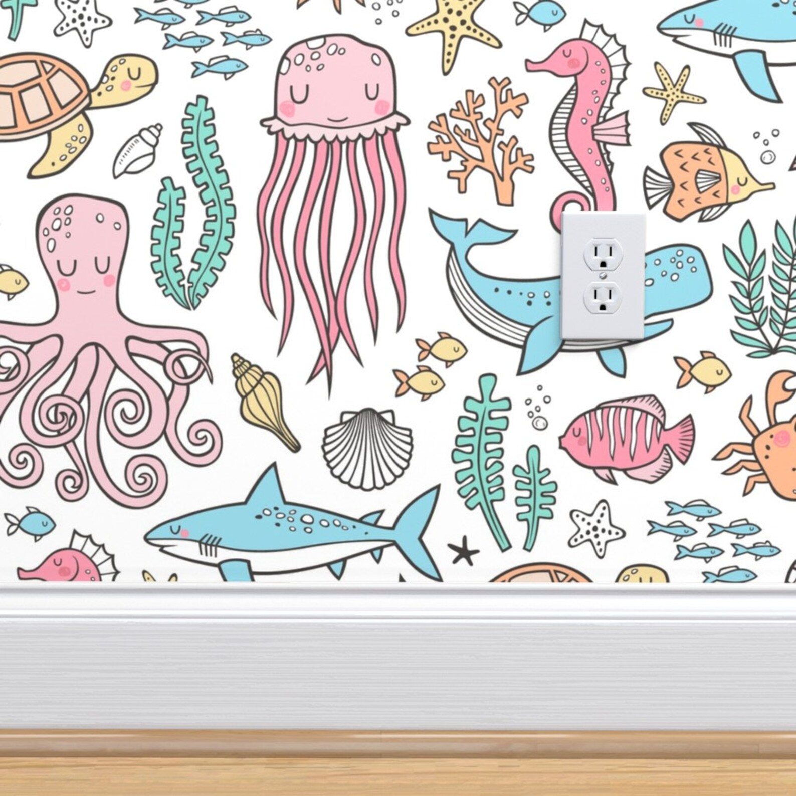 Ocean Wallpaper Ocean Marine Sea Life Doodle White by Caja - Etsy