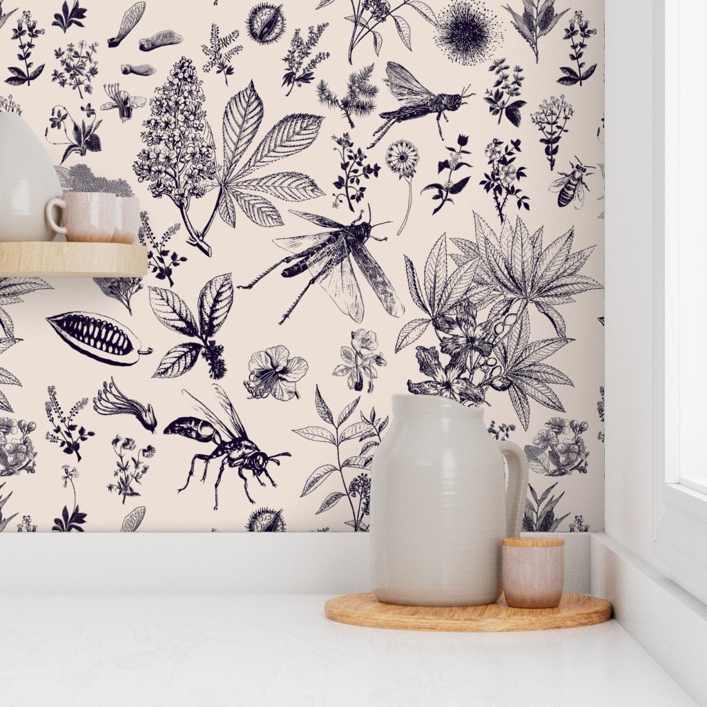 Botanical Insect Wallpaper Insect Garden Retro by - Etsy