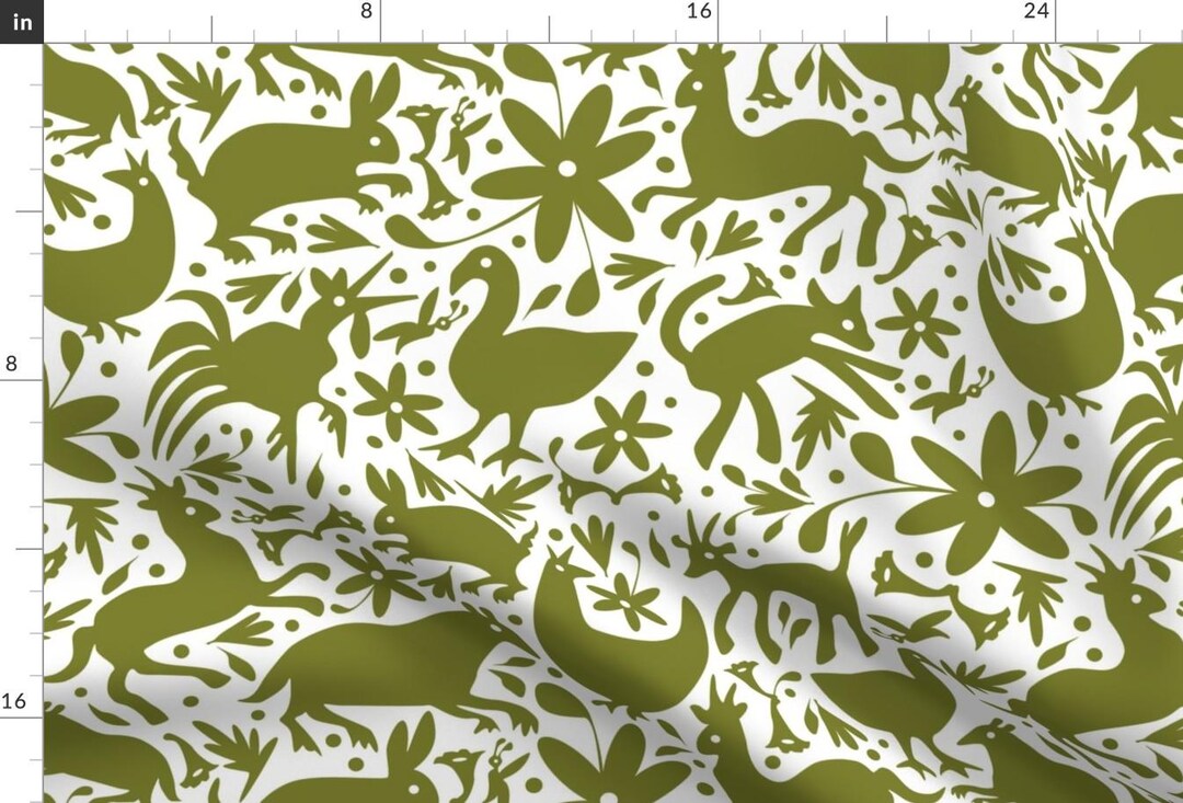 Green Otomi Fabric - Mexico Springtime Olive on White (large Scale) by ...