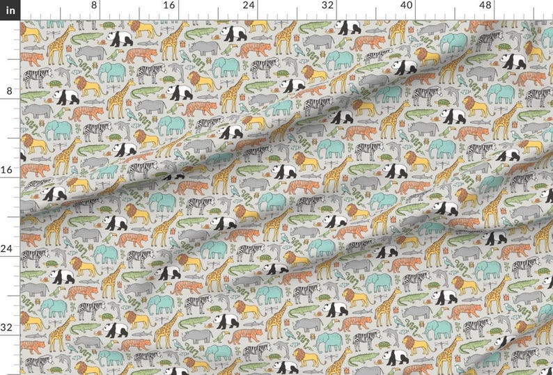 Exotic Creatures Fabric - Zoo Jungle Animals Doodle With Panda Giraffe ...