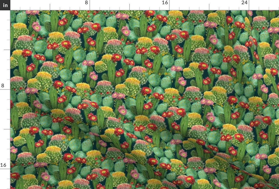 Cactus Fabric - Realistic Red Yellow Flowering Desert Cactuses Medium ...