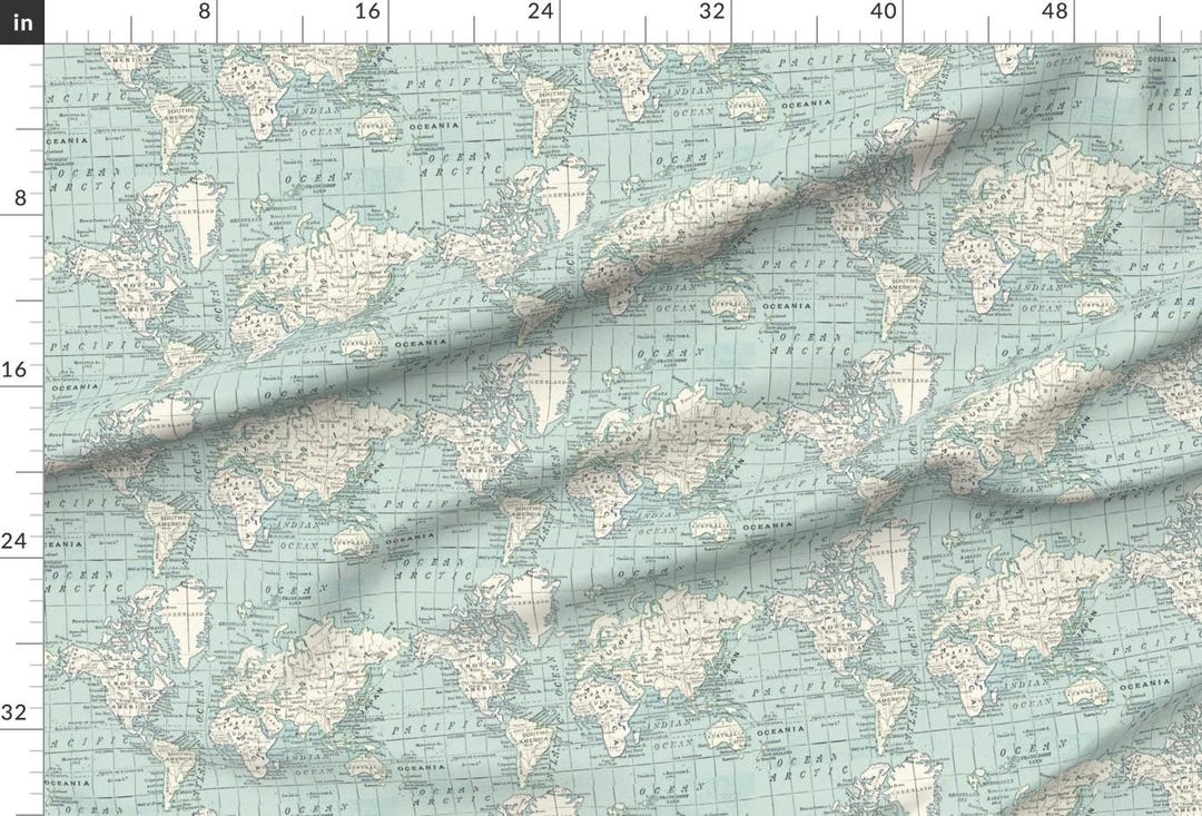 Vintage Maps Extra Wide Sateen Fabric- Soft Blue and Cream Map by ...
