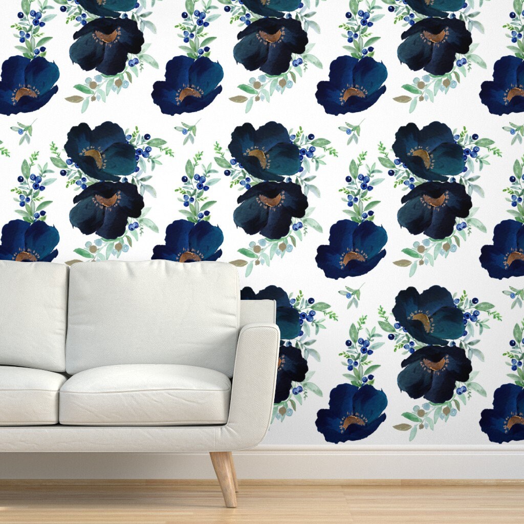 Blue Floral Wallpaper Blueberry Fields by Shopcabin Navy - Etsy