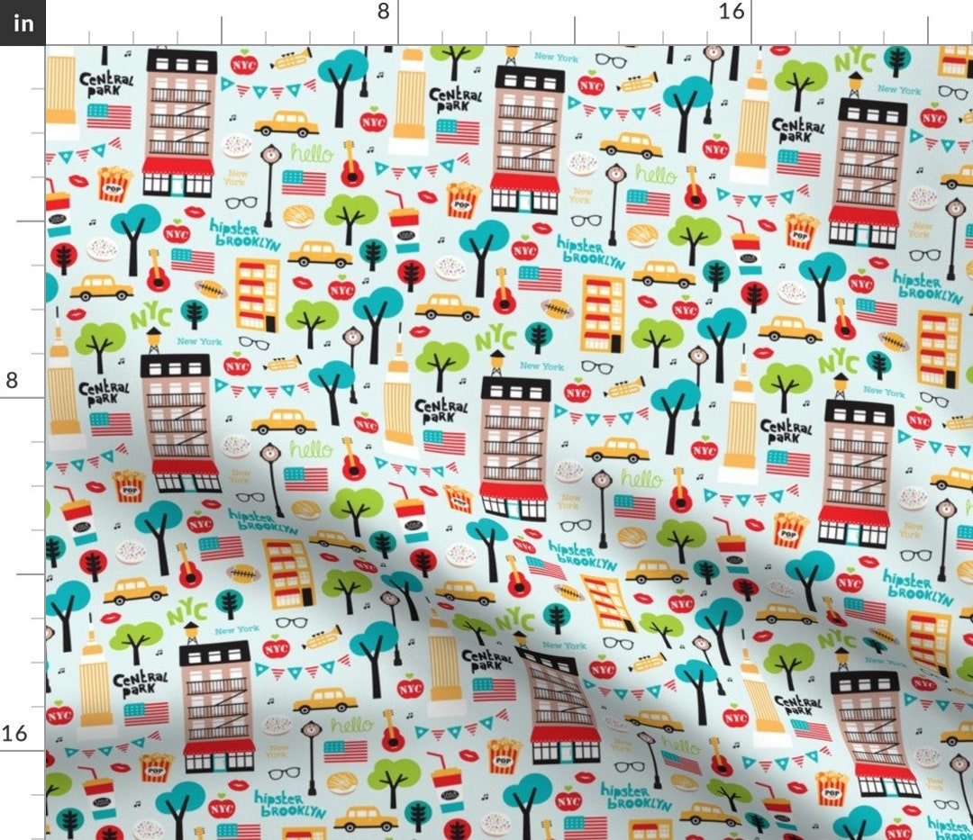 New York Fabric New York City Icons Illustration Manhattan - Etsy