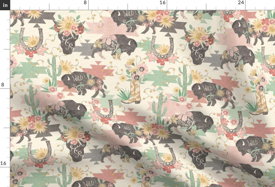 Bison Floral Fabric - Roaming Wild Ranch by Michele Norris - Western ...