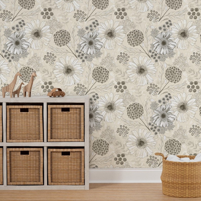 Neutral Floral Wallpaper Handdrawn-flowers-earth-tones by - Etsy