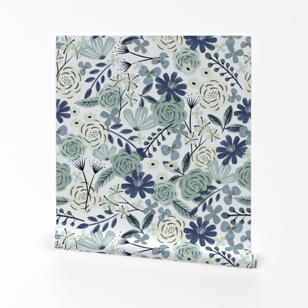 Blue Boho Floral Wallpaper Flower Child Boho by Roochita Sage Green ...