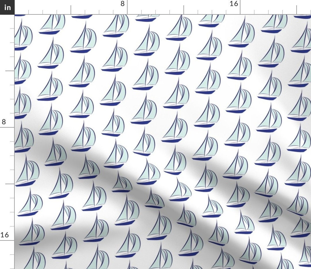 Ocean Waves Fabric Simple Nautical Sail Boats Sailing Water Mint Navy ...