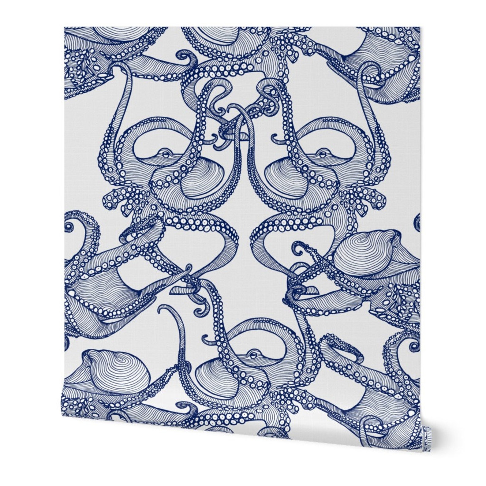 Cephalopod Wallpaper Giant Octopi Navy White by Patricia - Etsy