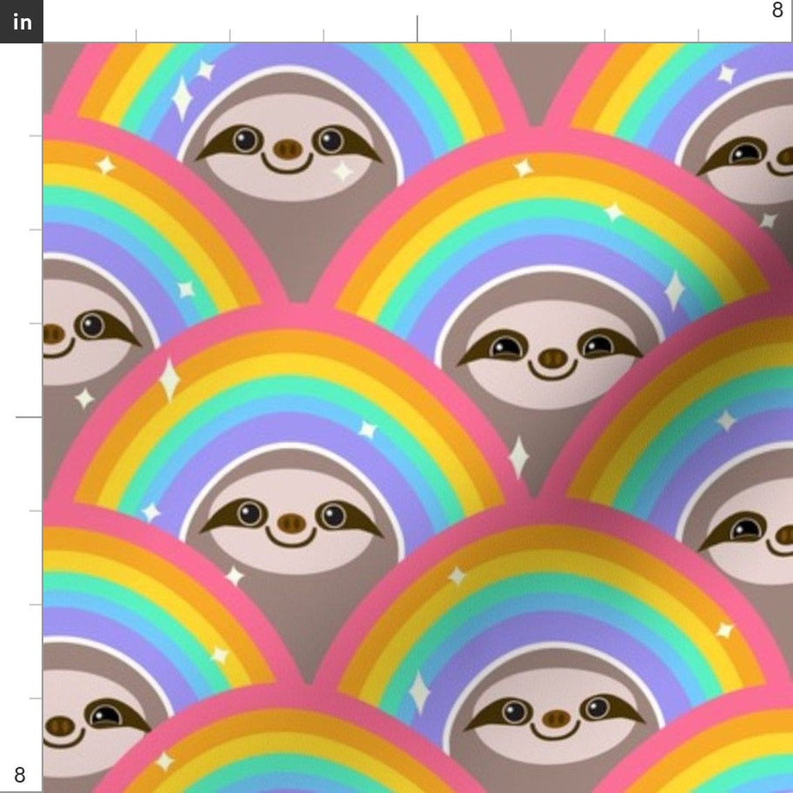 Rainbow Sloths Illustration Fabric Happy Sloth Rainbow by - Etsy