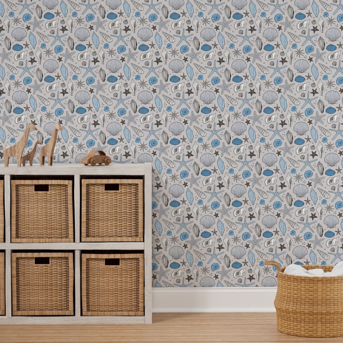 Shells Wallpaper Seashells Nautical Blue Gray by Caja Design - Etsy