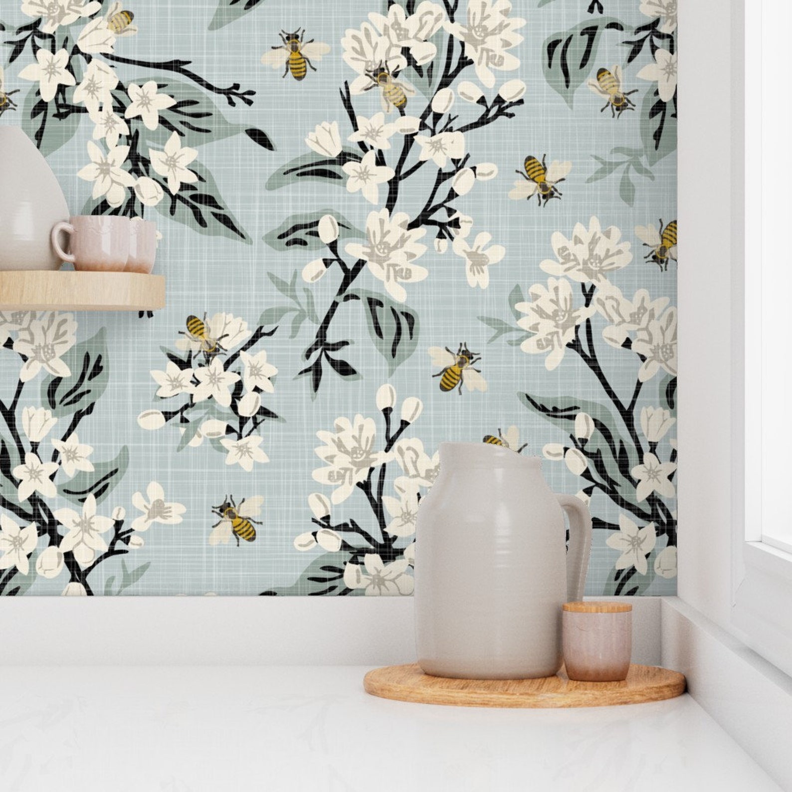 Bees and Florals Wallpaper Flowers Bees by Fernlesliestudio - Etsy