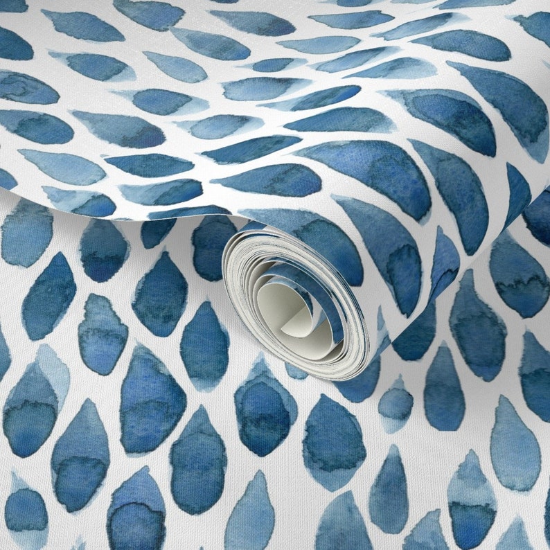 Indigo Wallpaper Rain Drops Watercolor by Paperbrush Blue - Etsy