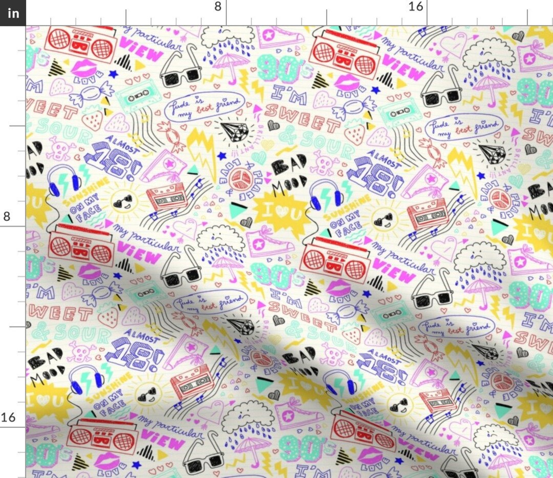 Y2k Fabric 90'S Concurso by Noralou Nostalgic Doodles Graffiti Colorful ...