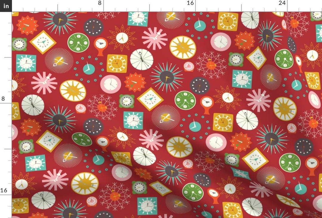 Retro Clocks on Red Fabric - Mod Clocks by Katerhees - Retro Mod Scandi ...