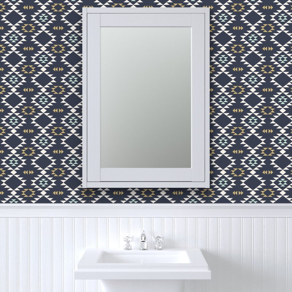 Navajo Wallpaper Navajo Dark Blue Mint Gold by Kimsa - Etsy