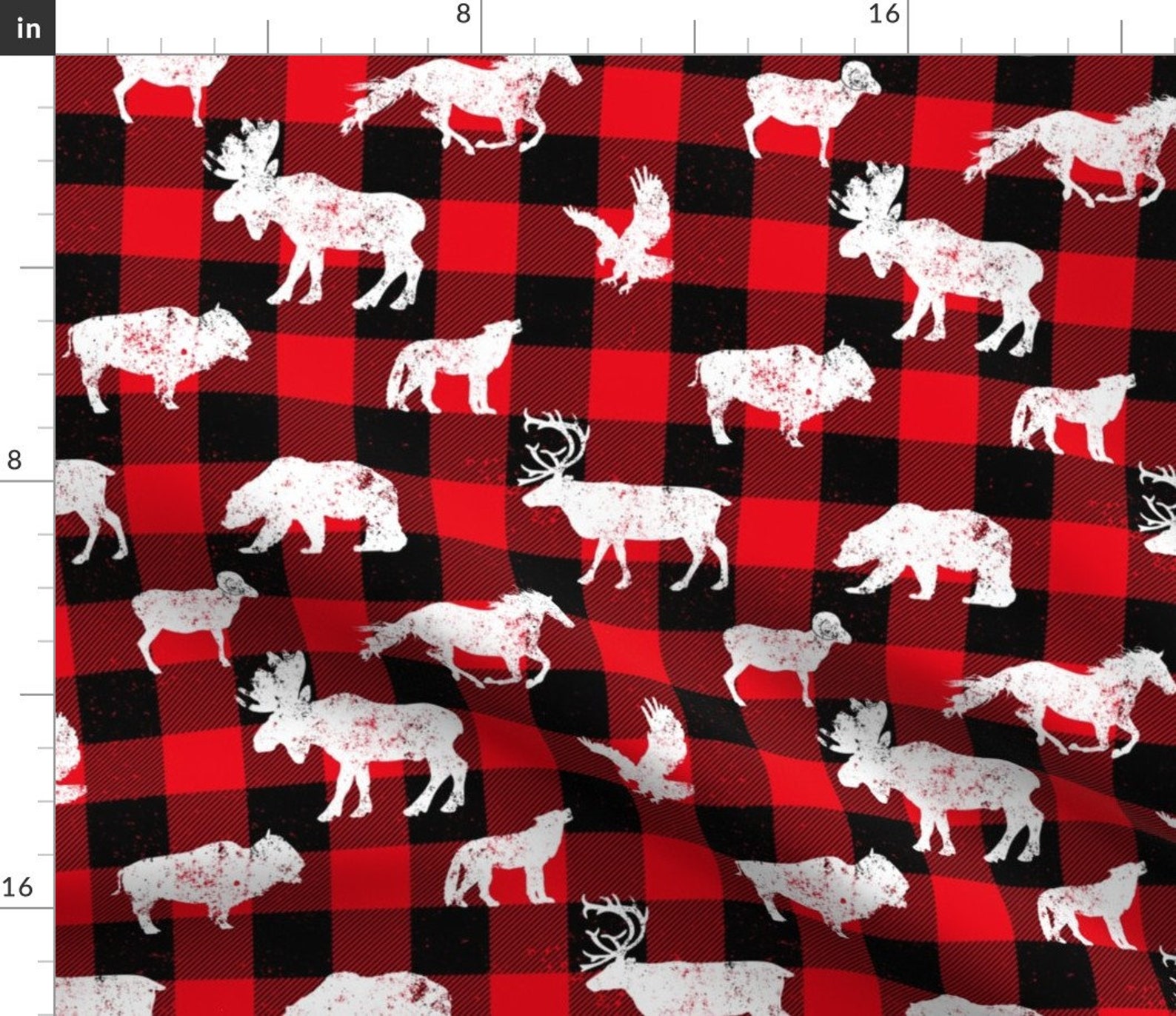 Mountain Animals Fabric Buffalo Plaid Red Black by | Etsy