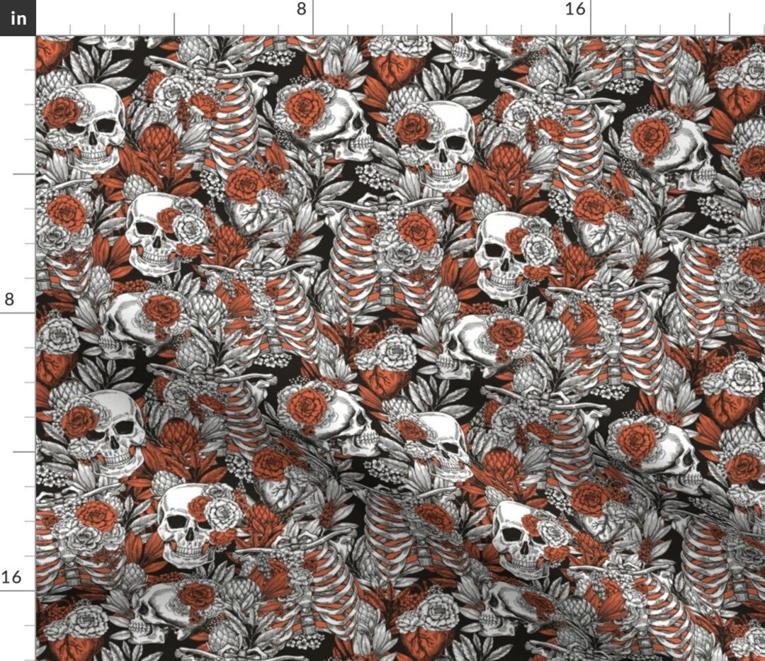 Skulls and Roses Fabric Vintage Anatomy Halloween by - Etsy