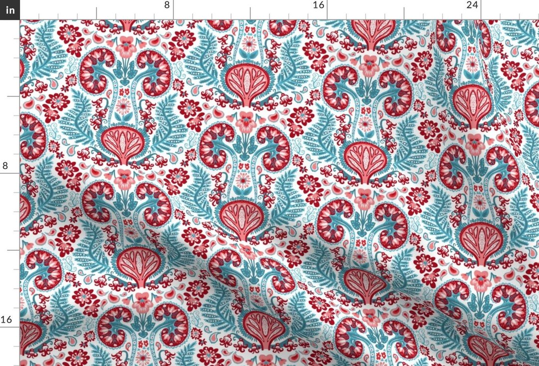 Kidney Damask Fabric - Kidney Damask Red/teal by Chantal Pare ...