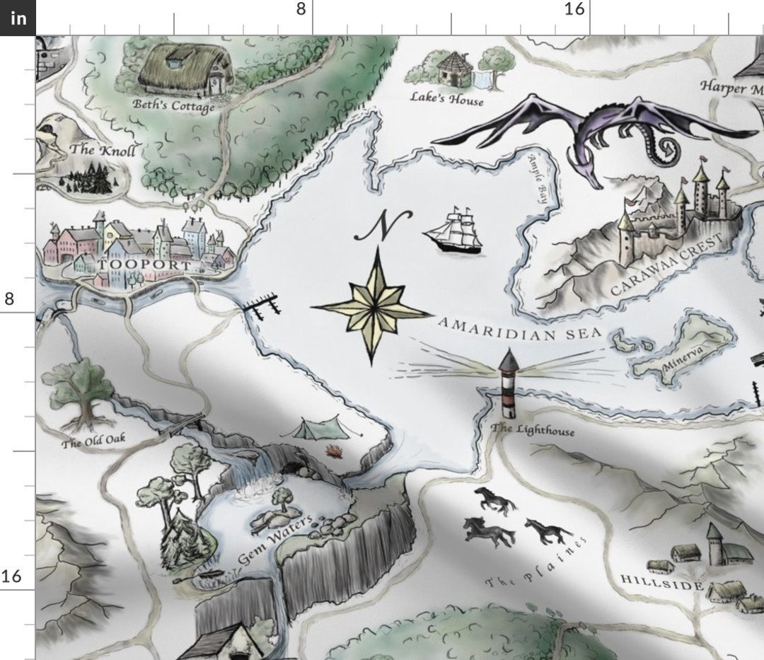 Fantasy Map Fabric the Grand Adventure by Miaclarke Dragon Medieval ...