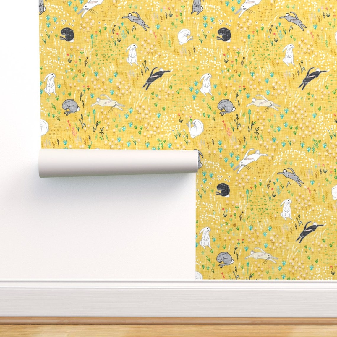 Rabbit Wallpaper Bunny Field Yellow by Nouveau Bohemian | Etsy