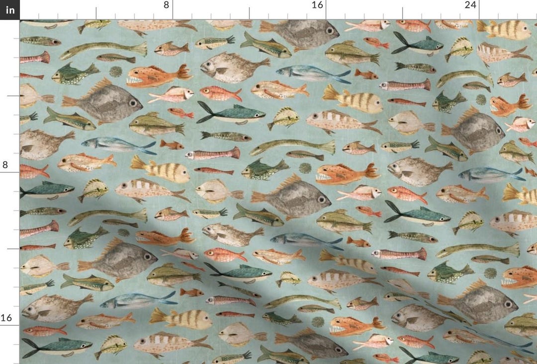 Colorful Fish on Blue Fabric - Fish Large by Katherine Quinn - Fish ...