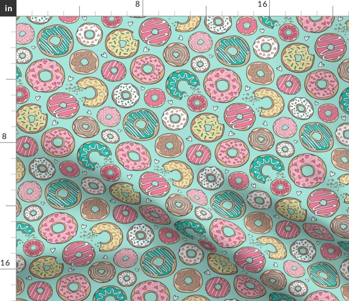 Donut Fabric Donuts With Hearts Yellow Green Pink and - Etsy