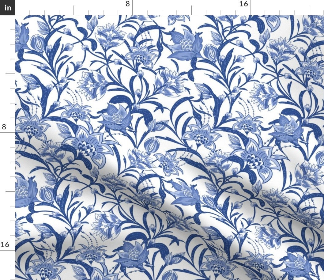 Chintz Blue Vintage Floral Illustration Fabric Chintz China | Etsy