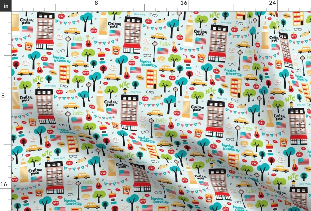 New York Fabric - New York City Icons Illustration Manhattan Brooklyn ...