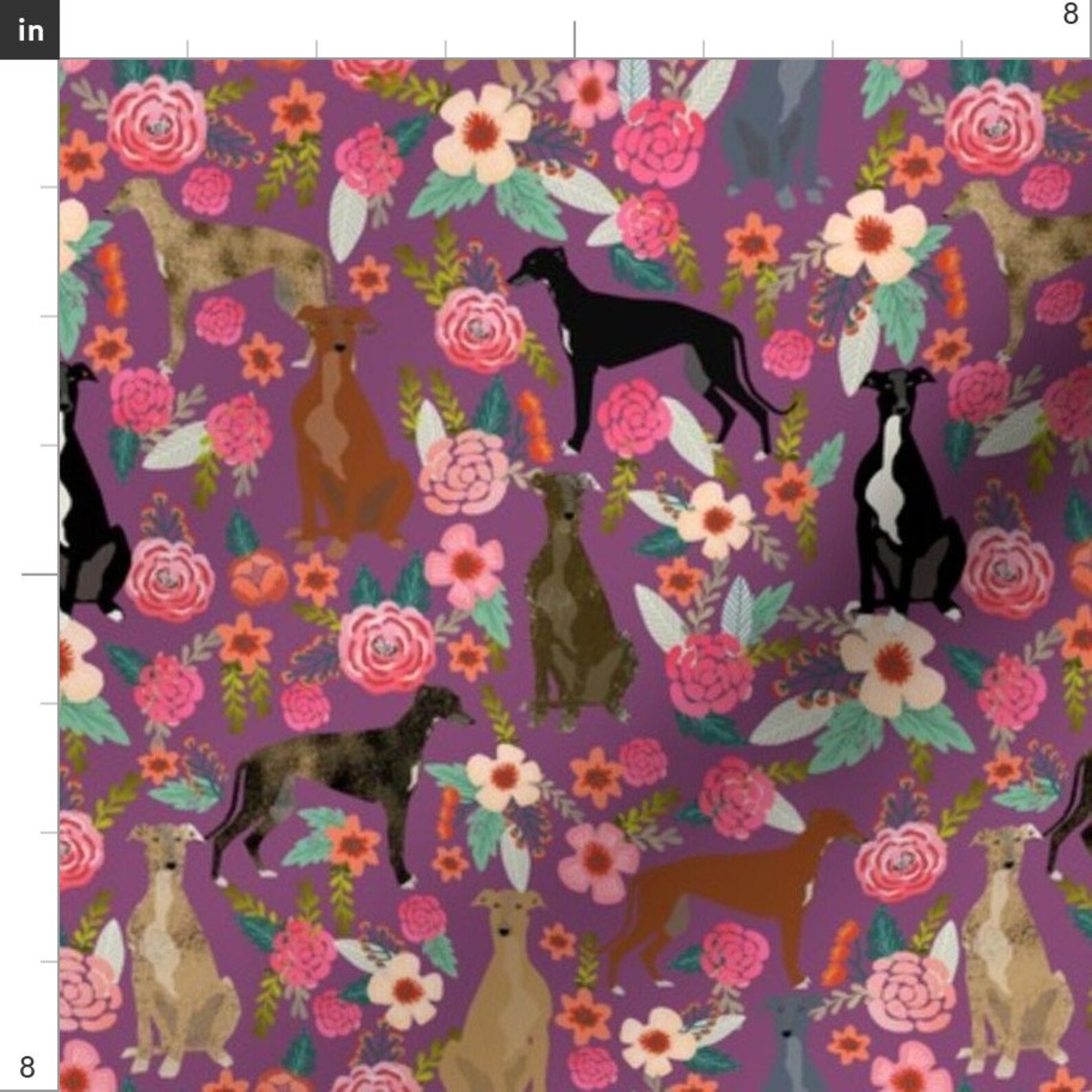 Greyhounds Purple Fabric Florals Fabric Cute Dog Florals - Etsy