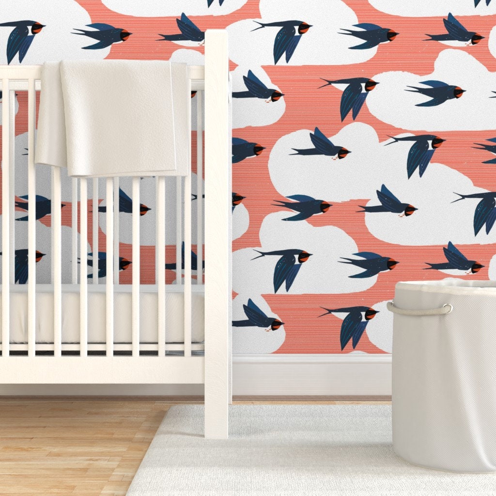 Birds Wallpaper Migration Patterns MM Coral by Friztin - Etsy