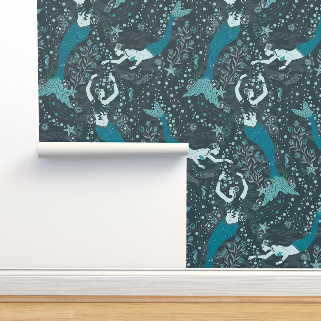 Teal Mermaids Removable Peel and Stick Wallpaper - Turquoise Bubbles ...