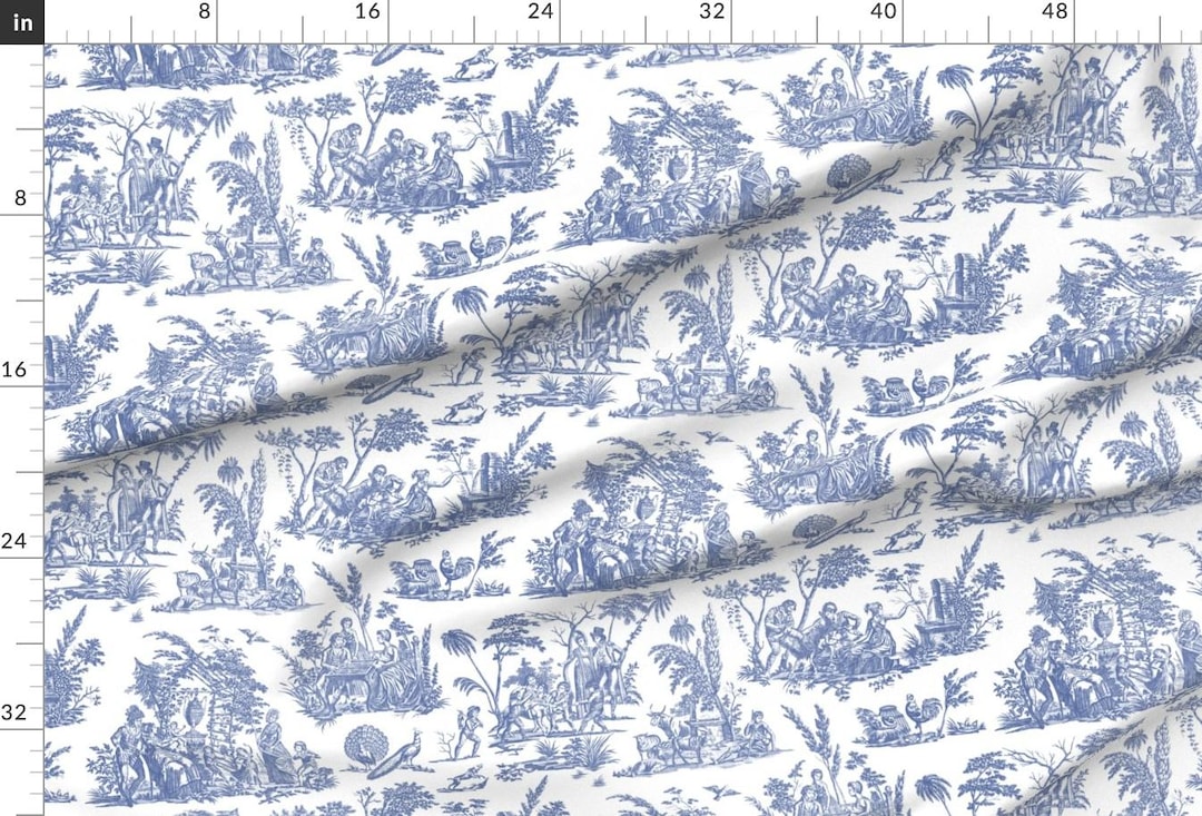 Traditional Toile Extra Wide Sateen Fabric French Romantic Blue and ...