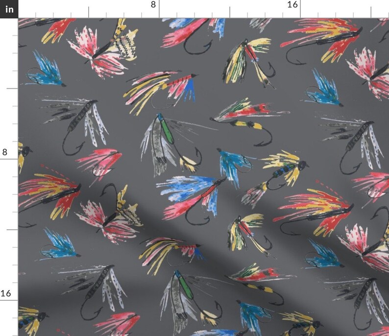 Fishing Fabric Fishing Flies by Tulipmagnoliadesign Grey - Etsy