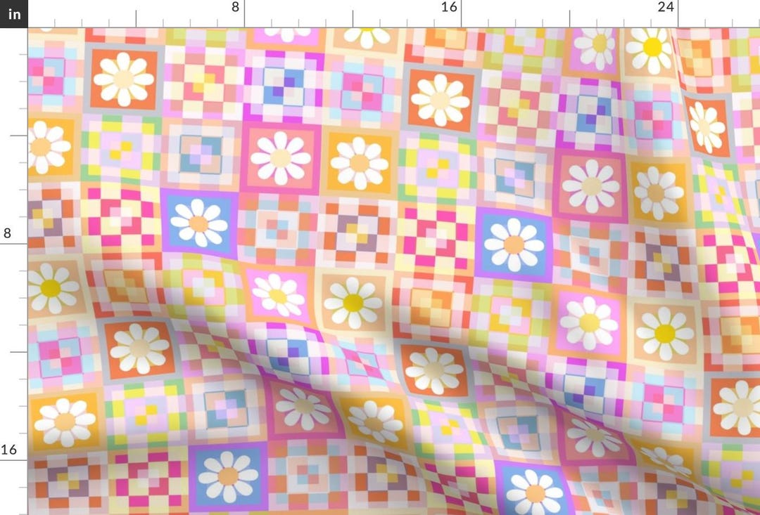 Pastel Checkerboard Fabric - Flower Power by Artatnavitas - 70s Florals ...