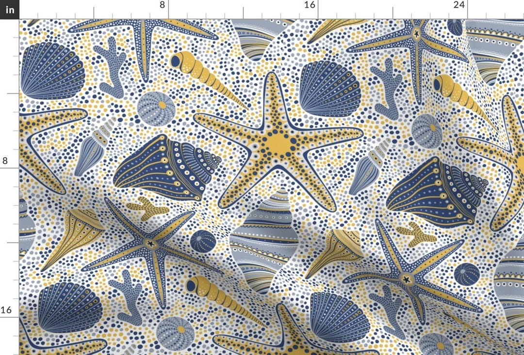 Mustard Navy Shells Fabric - Seashells by Julia_gosteva - Nautical ...