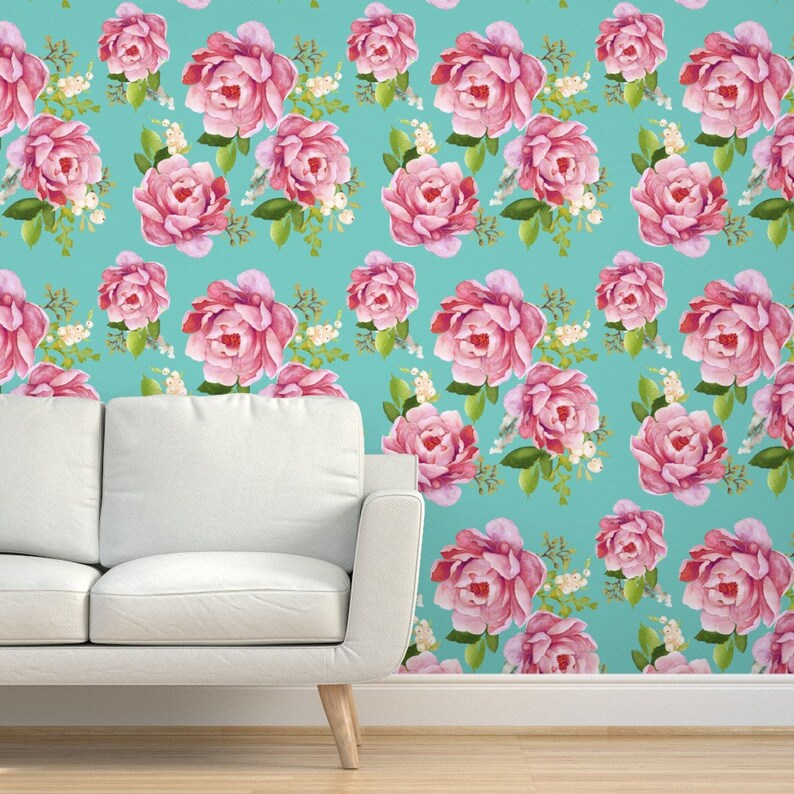 Floral Wallpaper 8 Light Pink Sunrise Teal by - Etsy