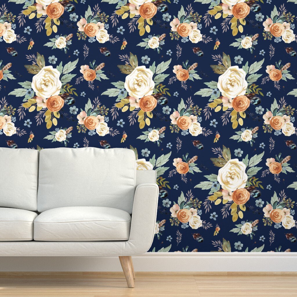 Floral Wallpaper 8 Western Autumn More Florals Navy by - Etsy