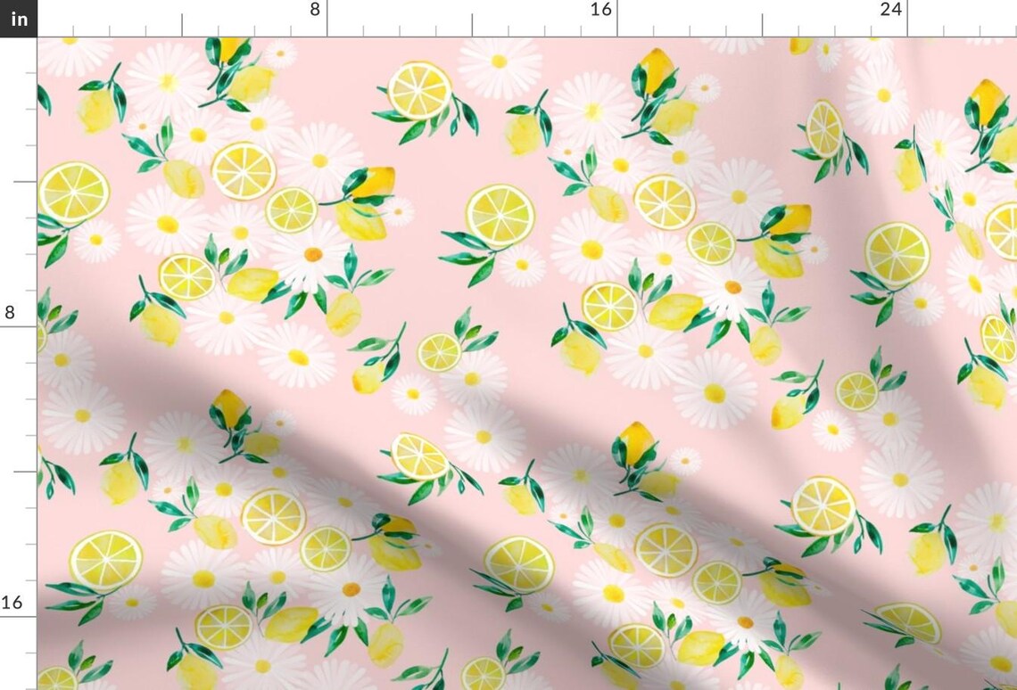 Lemon Fabric - Watercolor Lemons and Daisies in Pink by Claudiaorengo ...