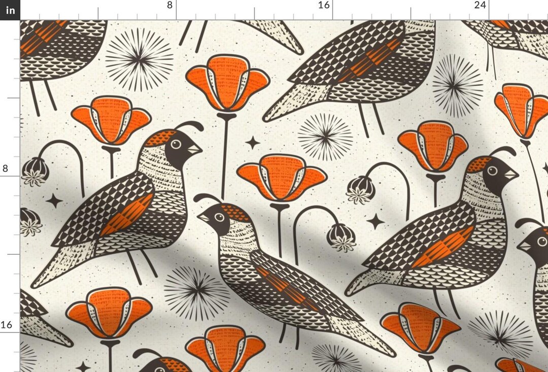 Mid Century Quail Fabric - Quail Poppy Field by Studioxtine - Mod ...