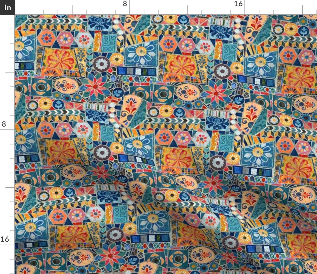 Traditional Spanish Tiles Fabric Gaudi Style Mosaic Tiles by Sarah Treu ...