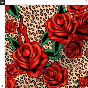 Red Roses Fabric Red Tattoo Roses on Leopard by Beesocks | Etsy