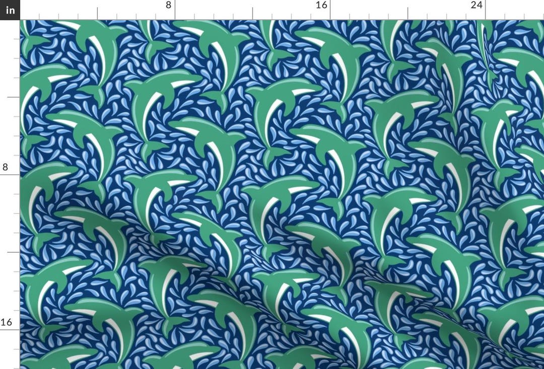 Leaping Dolphins Apparel Fabric - Dolphin Waves by Vivdesign - Coastal ...