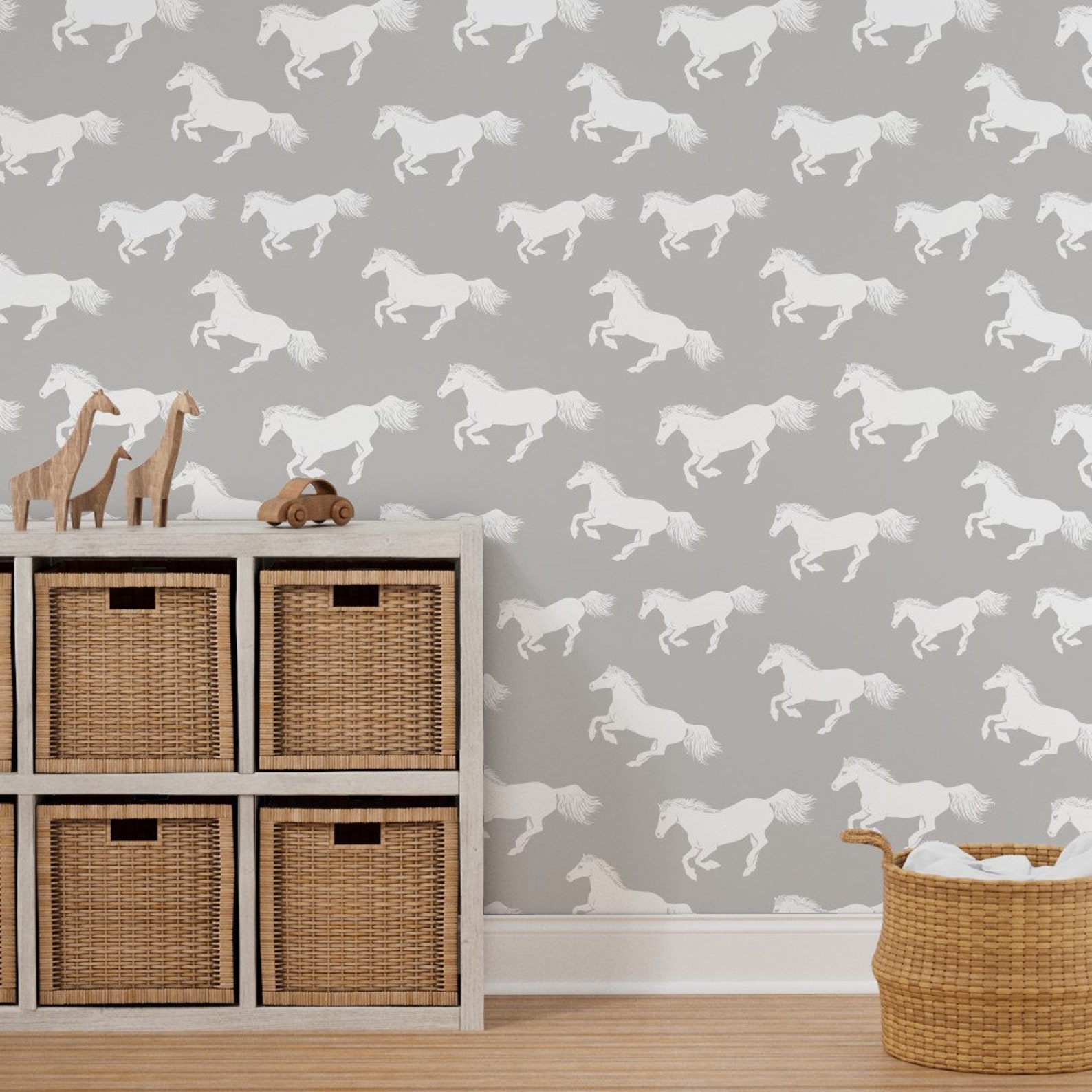 Horse Wallpaper Pony Stampede in Smoke by Thistleandfox - Etsy