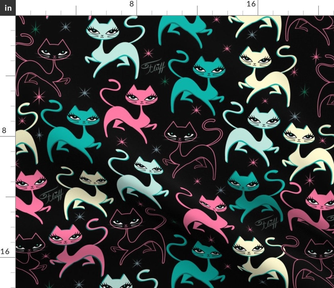 Mid Century Modern Fabric Prancing Kitten-fabric-black by Miss Fluff ...