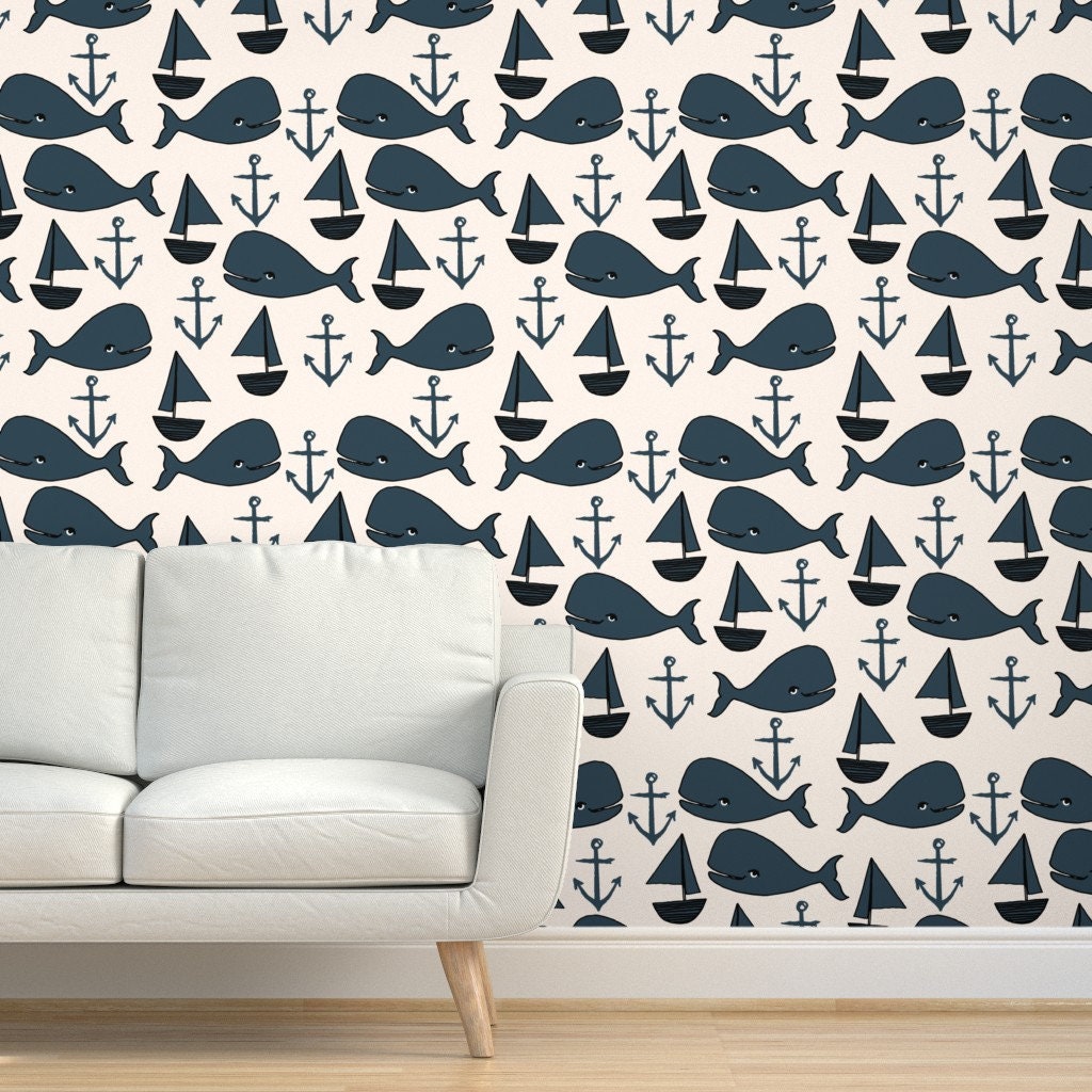 Nautical Whales Wallpaper Dark Navy Blue and Cream by Andrea | Etsy
