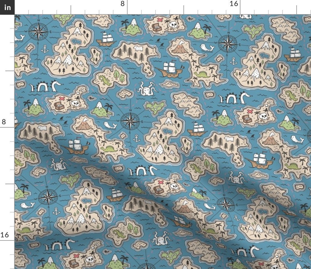 Map Fabric Pirate Adventure Nautical Map With Mountains, Ships, Compass ...