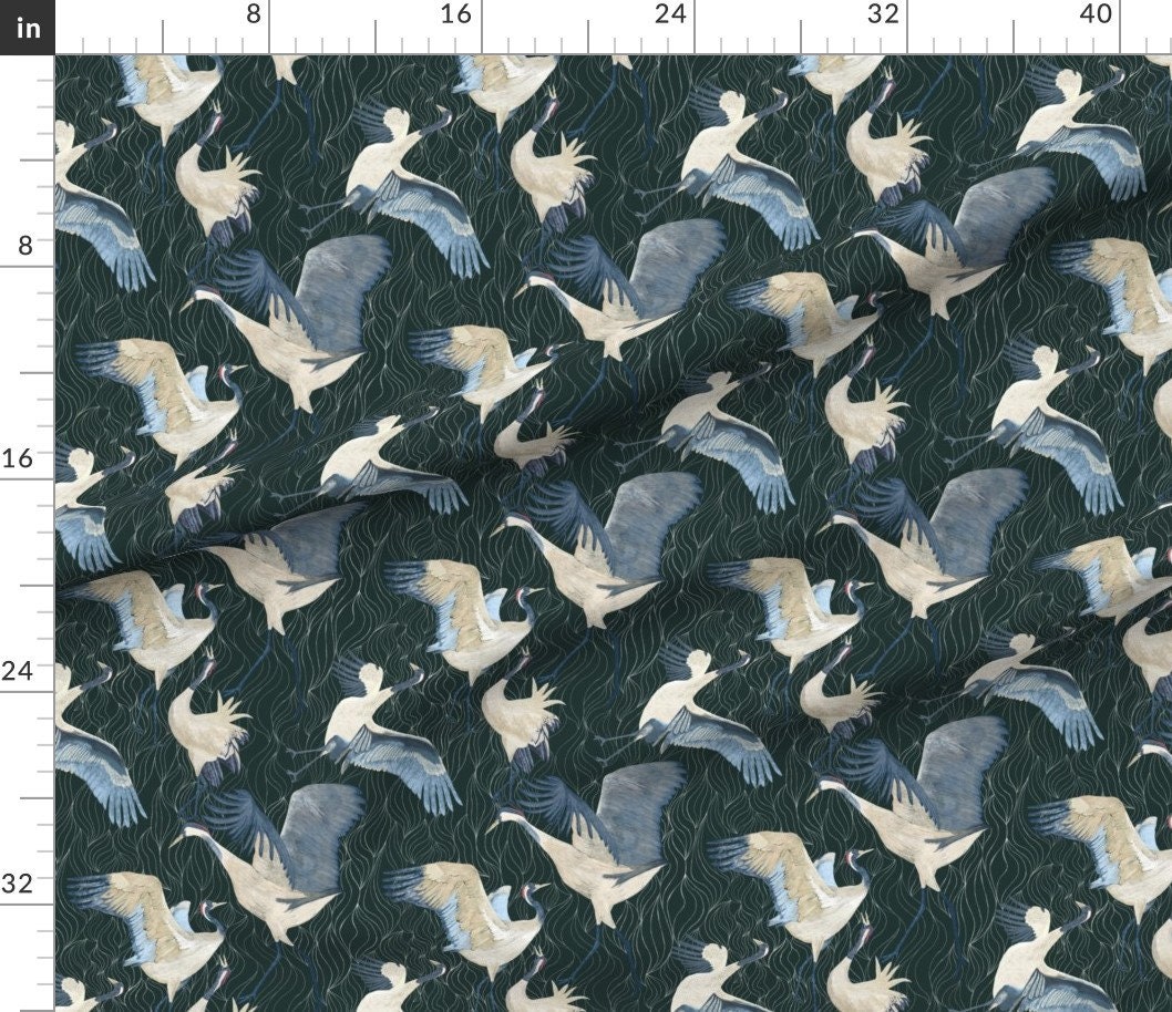 Heron Fabric Heron Dance by Nina Leth Green Blue Bird - Etsy
