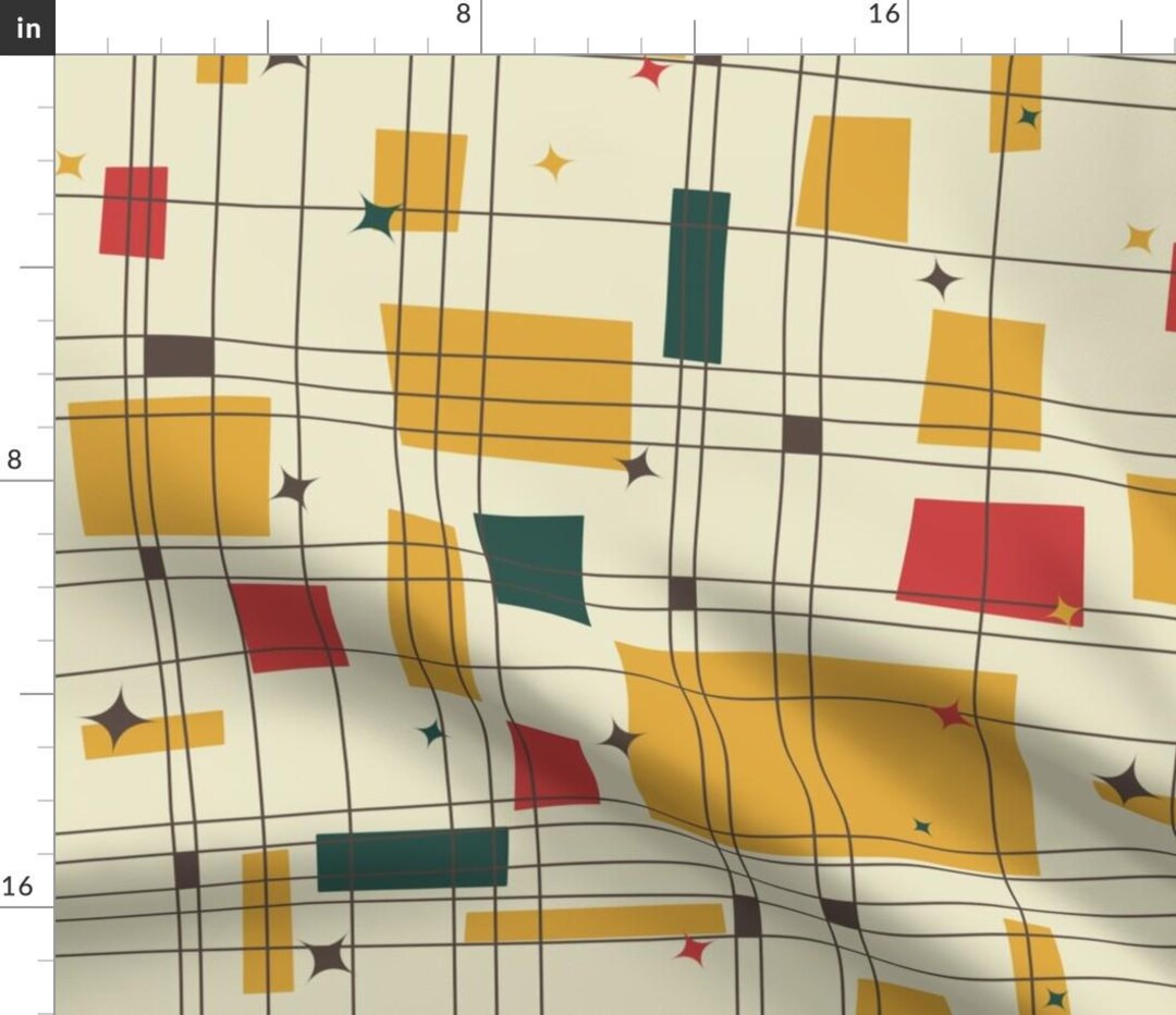 Yellow Abstract Fabric Mid-century Modern Grid Stars by Studiofibonacci ...