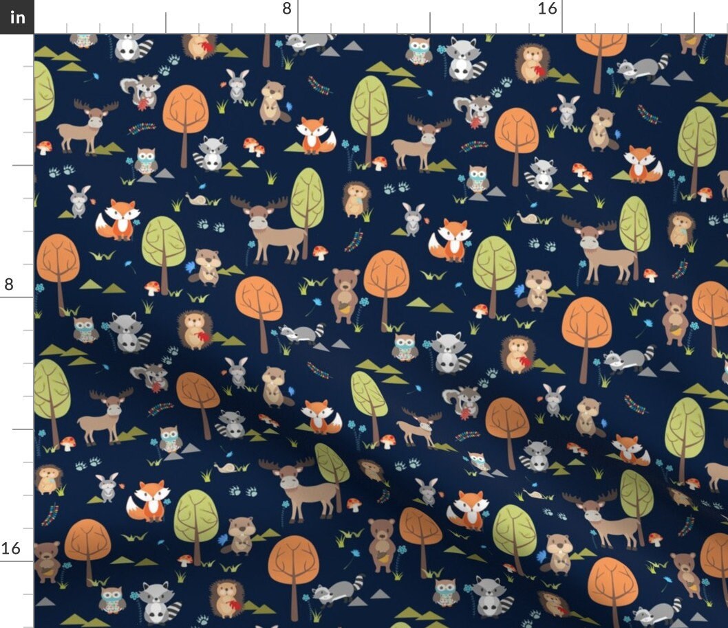 Woodland Animals Fabric Cute Woodland Animals on Navy Small | Etsy